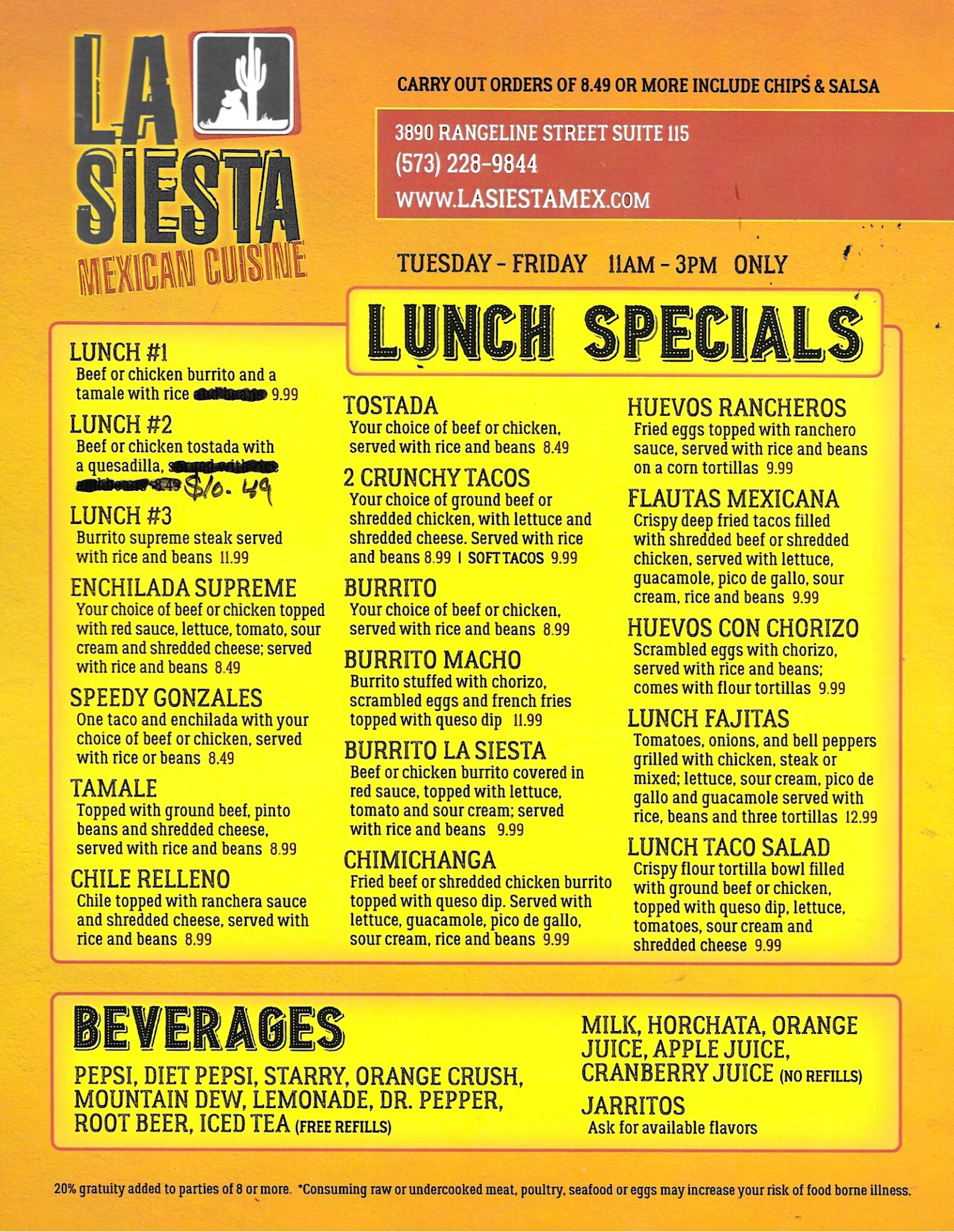 La Siesta Mexican Cuisine | Columbia MO | Lunch Menu